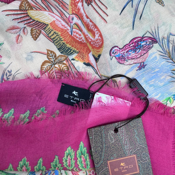Etro Scarf Magenta Floral & Birds Design - Extra Large Square Shawl SA ...