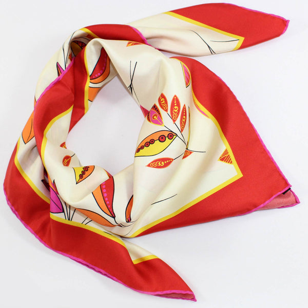 Kiton Scarf White Red Yellow Floral - Twill Silk Square Women Foulard ...