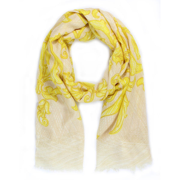 Kiton Cashmere Silk Scarf Beige Gold Ornamental Design SALE - Como Milano
