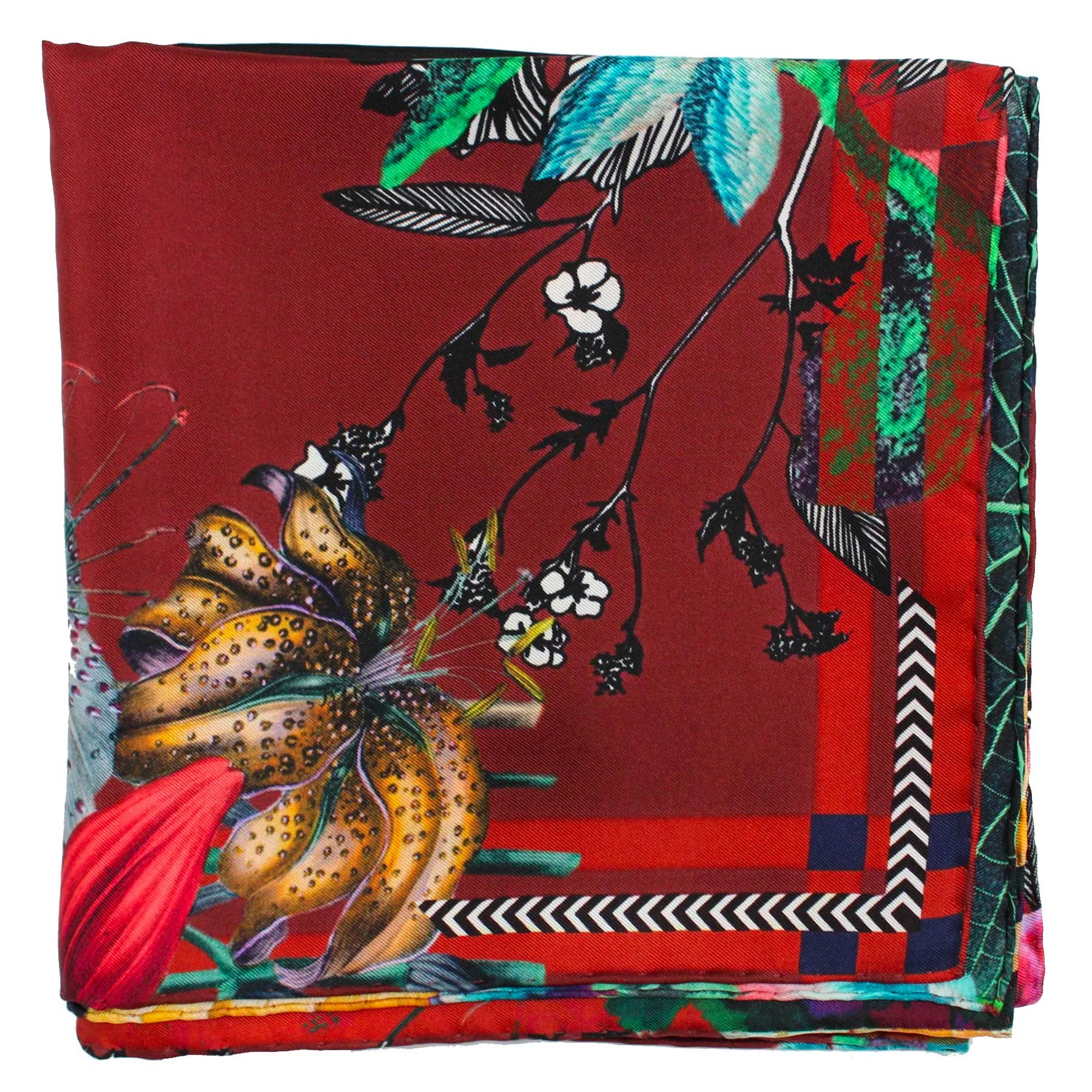 Christian Lacroix Scarf Maroon Brown Floral Twill Silk 36 Square Fo Como Milano