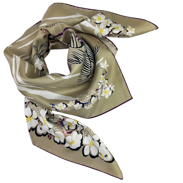 Longchamp Scarf Taupe Tropical Floral & Palm Design - Square Twill Sil ...