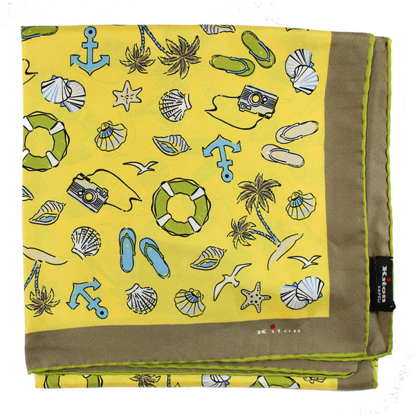 Kiton Scarf Yellow Beach Design - 36" Square Twill Silk Foulard FINAL ...
